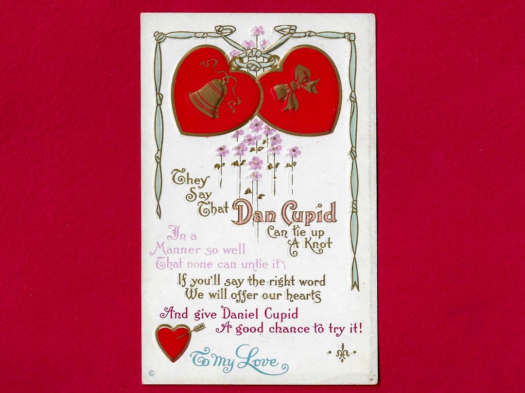 Vintage Valentine's Day Postcard, Dan Cupid Legend, Big Red Hearts, to ...