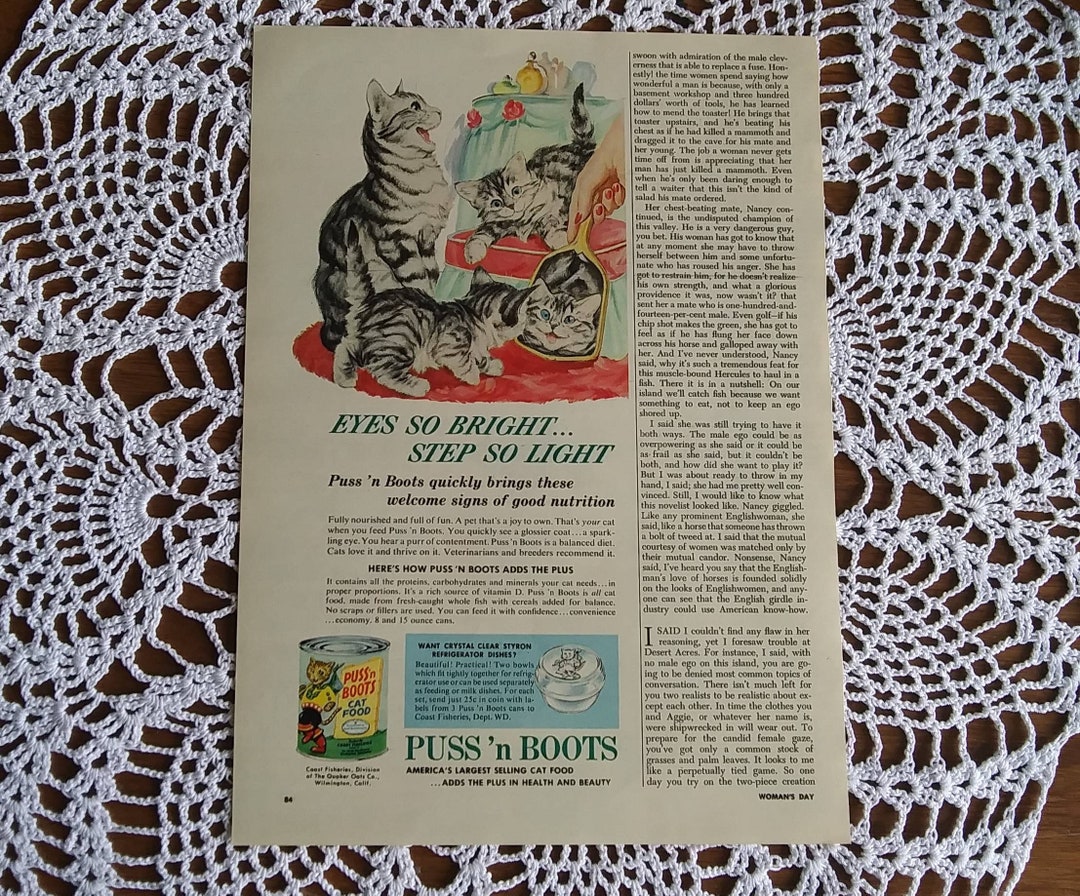Vintage 1953 Puss 'n Boots Cat Food Magazine Ad, Black and White Tiger ...