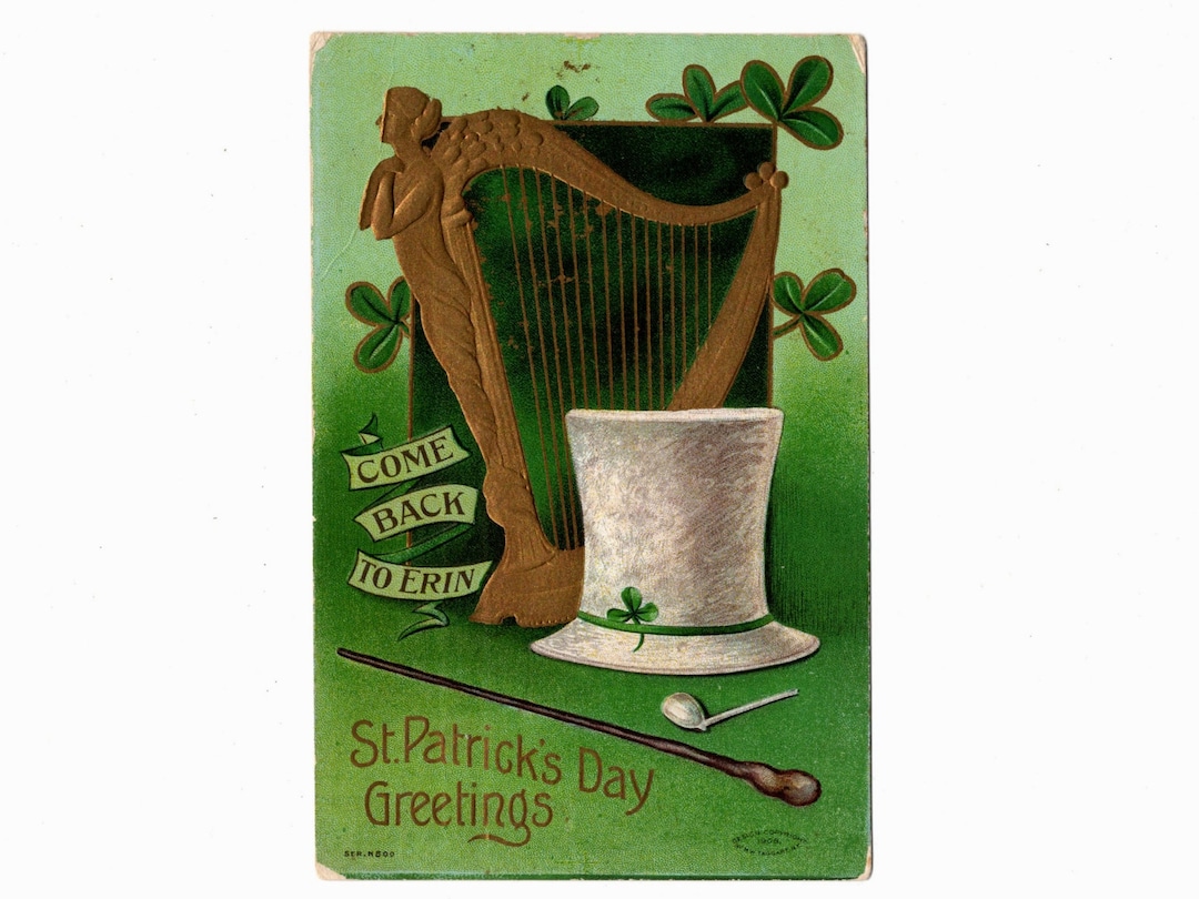 Antique St. Patrick's Day Postcard, Gold Harp With White Top Hat and ...