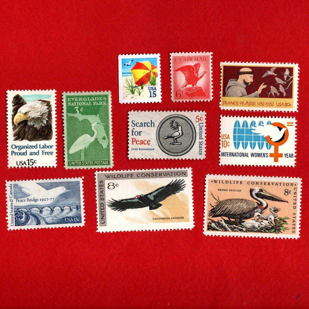 10 Vintage Bird Postage Stamps for Crafts, Dove, Condor, Seagull, Eagle ...