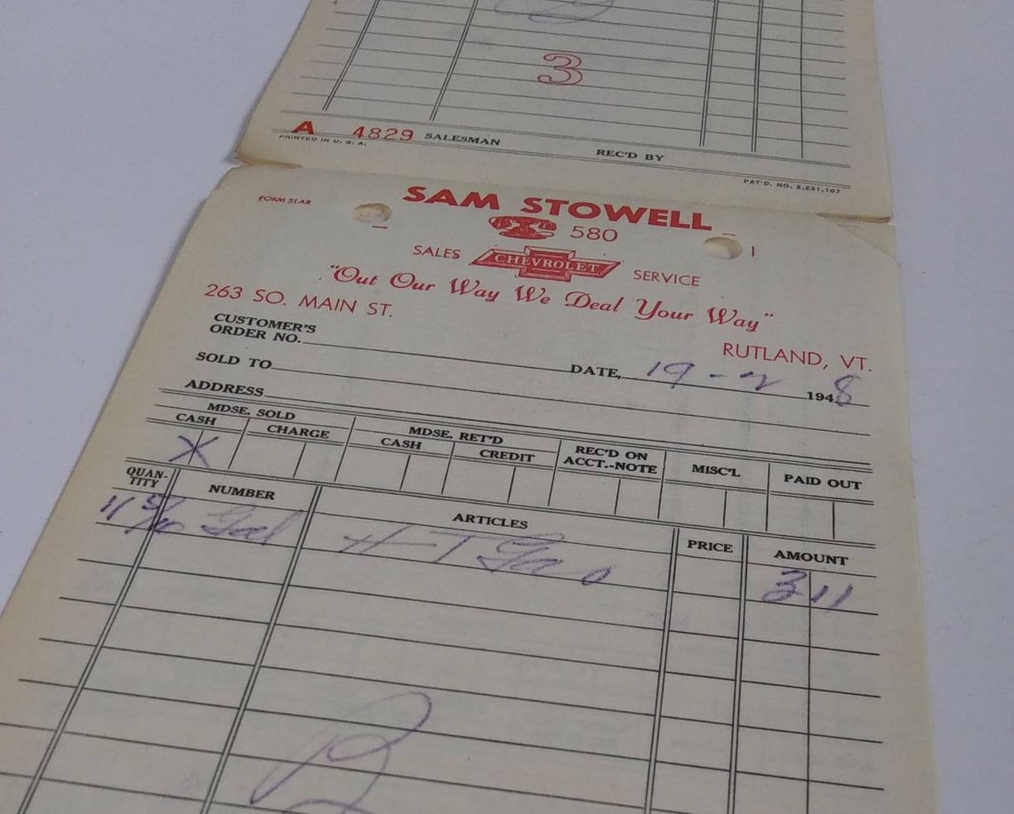 Ten 1948 Chevrolet Car Parts Receipt Forms, Sam Stowell, Rutland ...