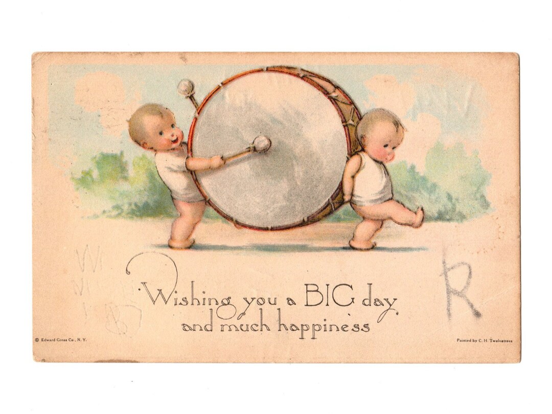 Artist Charles Twelvetrees Comic Postcard, Babies Playing Big Drum ...