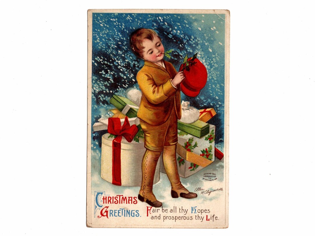 Antique Signed Ellen H. Clapsaddle Christmas Postcard, Boy With Lots of ...
