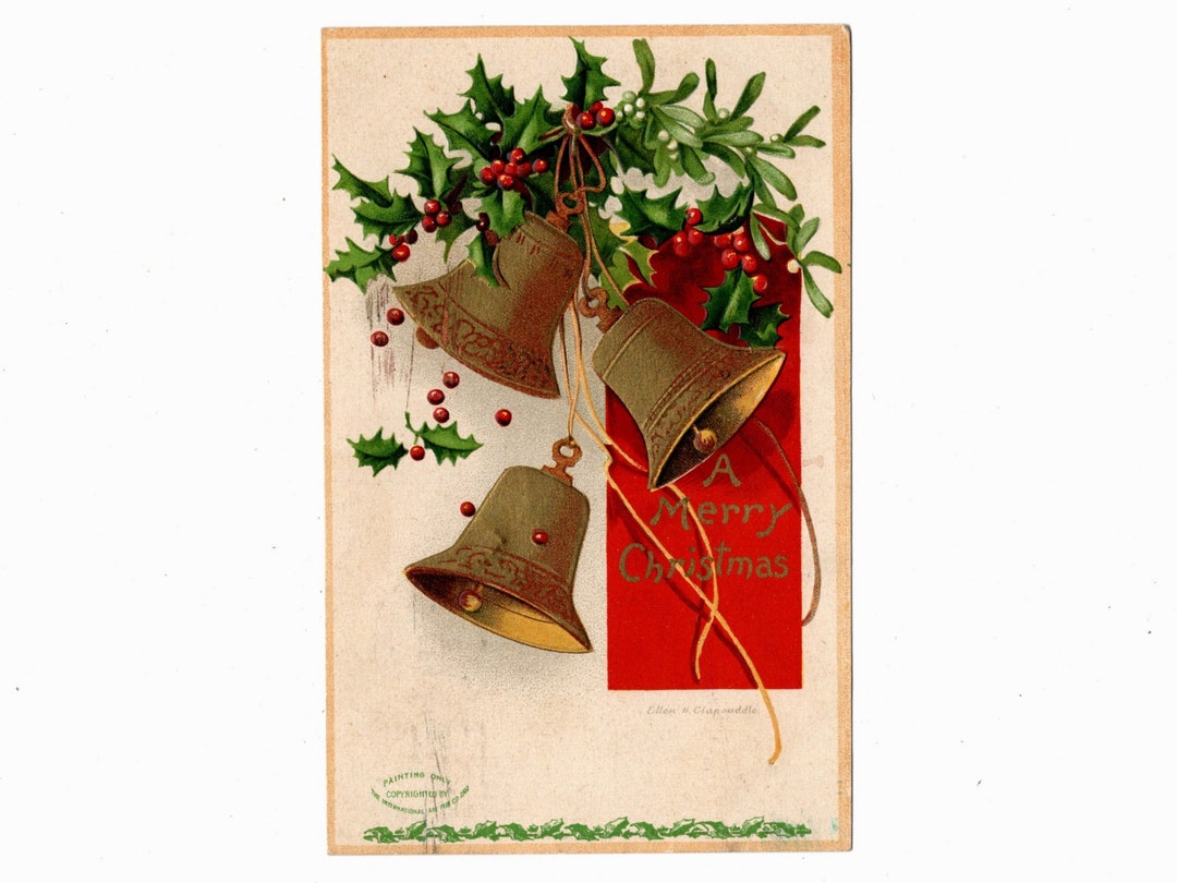 Antique 1907 Signed Ellen H. Clapsaddle Christmas Postcard, Golden Bells With Green Holly & Red ...