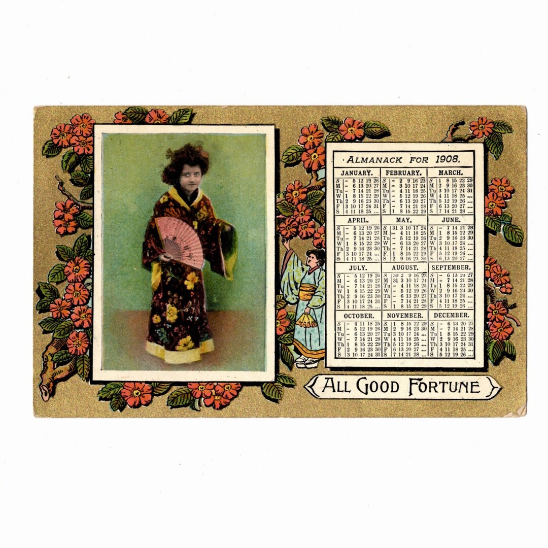 Antique New Year Postcard, 1908 Almanack Calendar, All Good Fortune ...