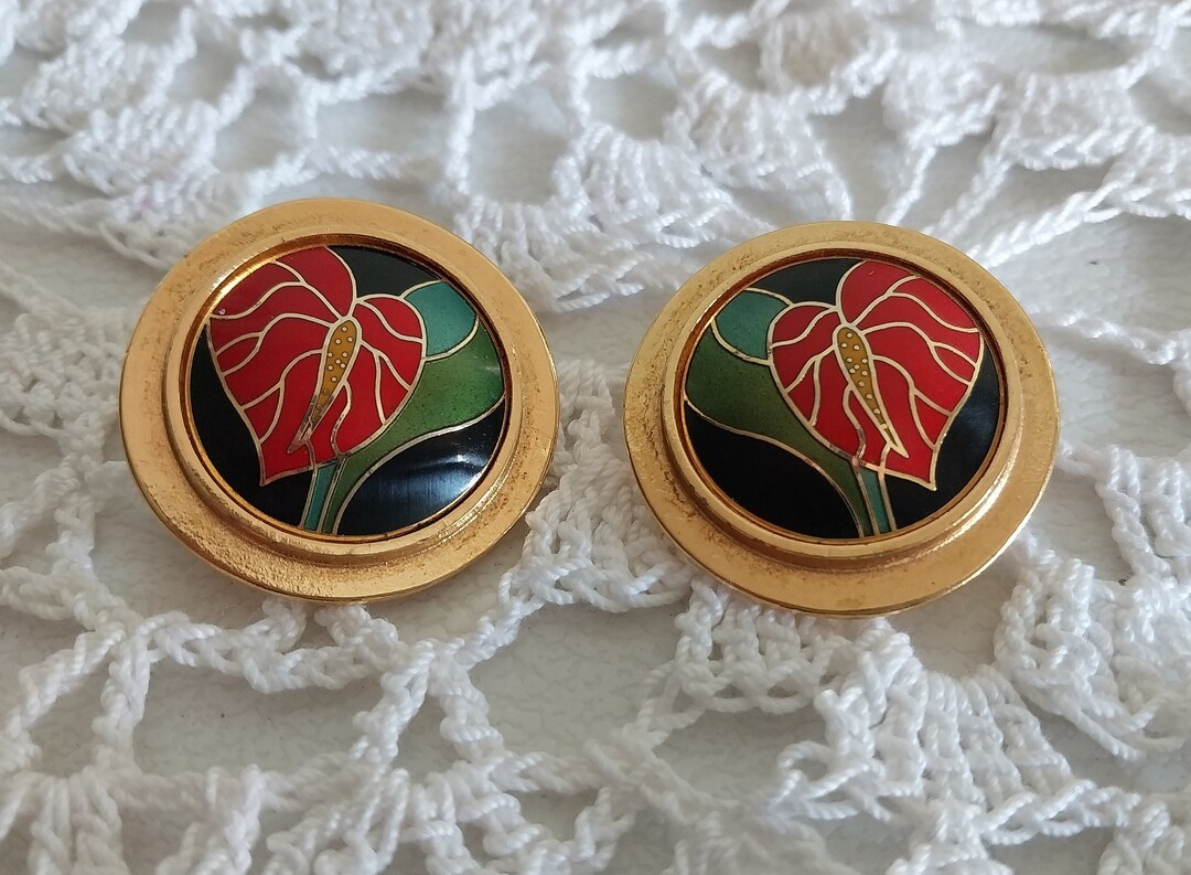 Vintage Laurel Burch Floral Disc Cloisonne Earrings, Pierced Gold Tone ...