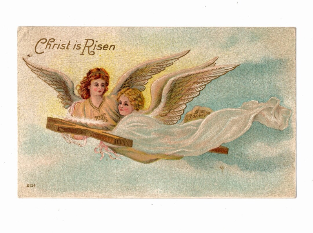 Religious 1909 Easter Postcard, Two Angels Carrying a Cross, Christ is ...