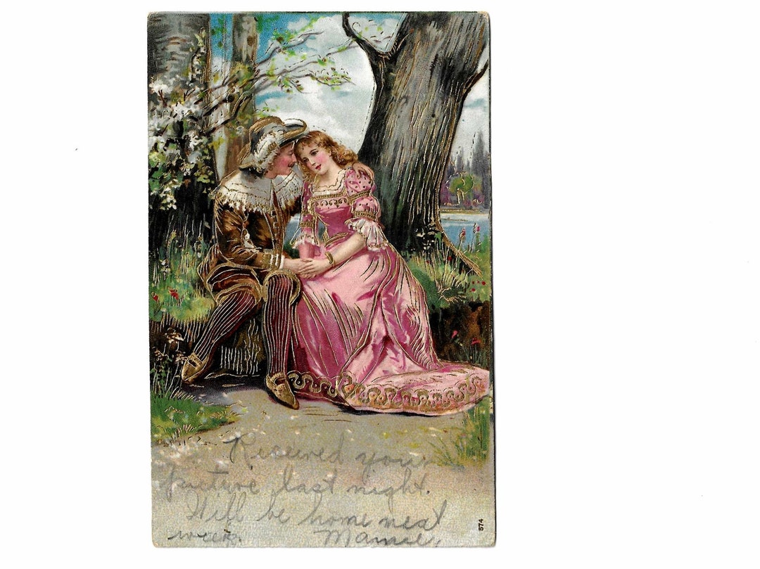 1906 Antique Romance Postcard, Regency Era Courting Couple, Much Gold ...