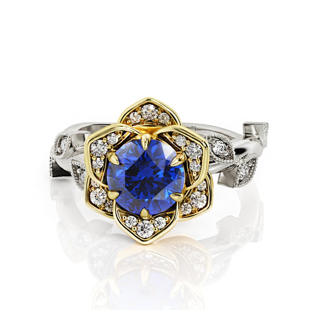 Sapphire Lotus Engagement Ring: Two Tone 14K Gold Diamond Ring - Etsy