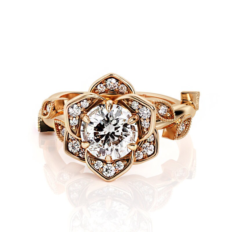 Rose Gold Flower Engagement Ring set with 1ct Moissanite 3844 | Etsy