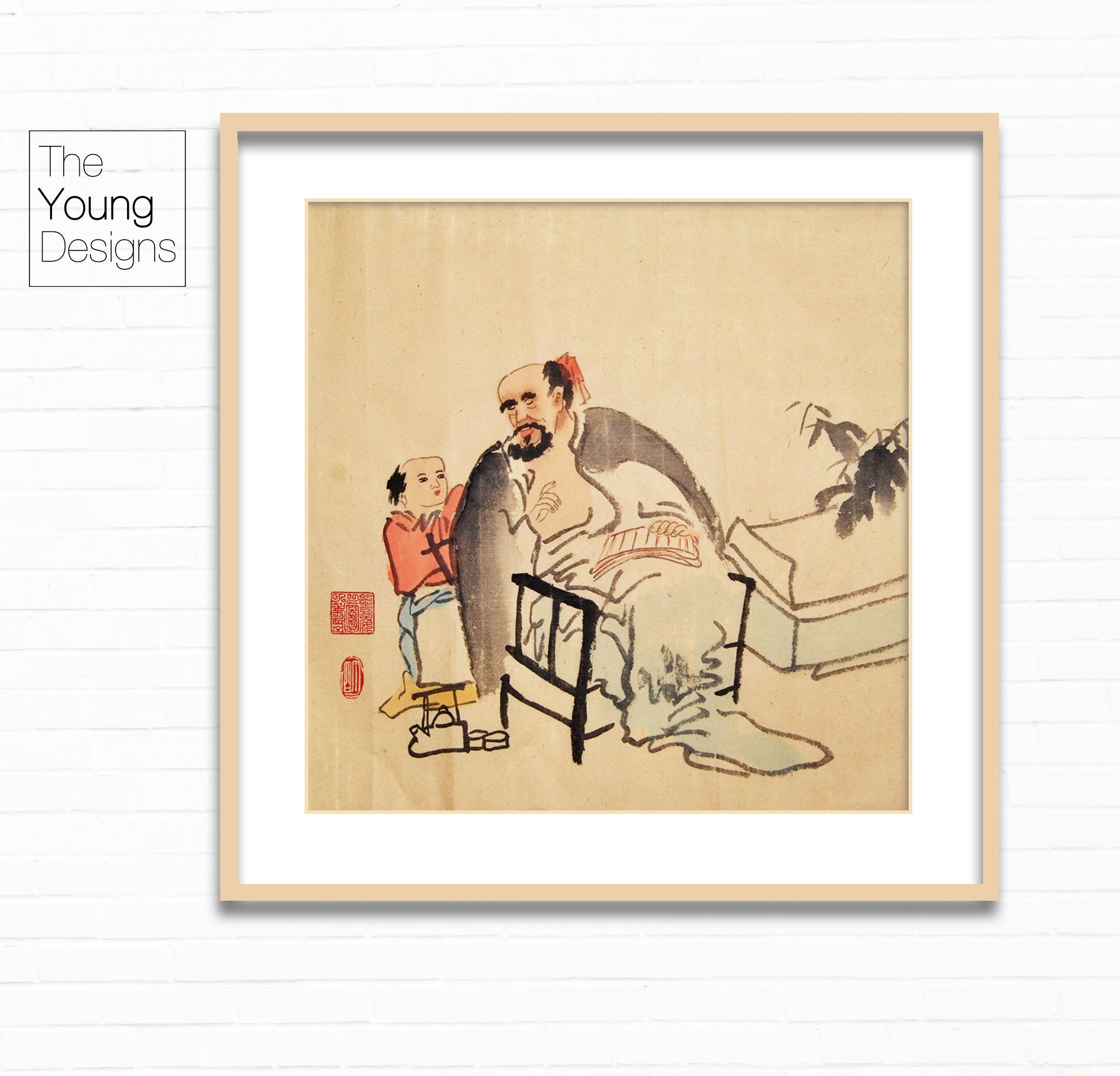 Original Chinese Painting of Father Son Reading Time, Oriental Art, Ink ...
