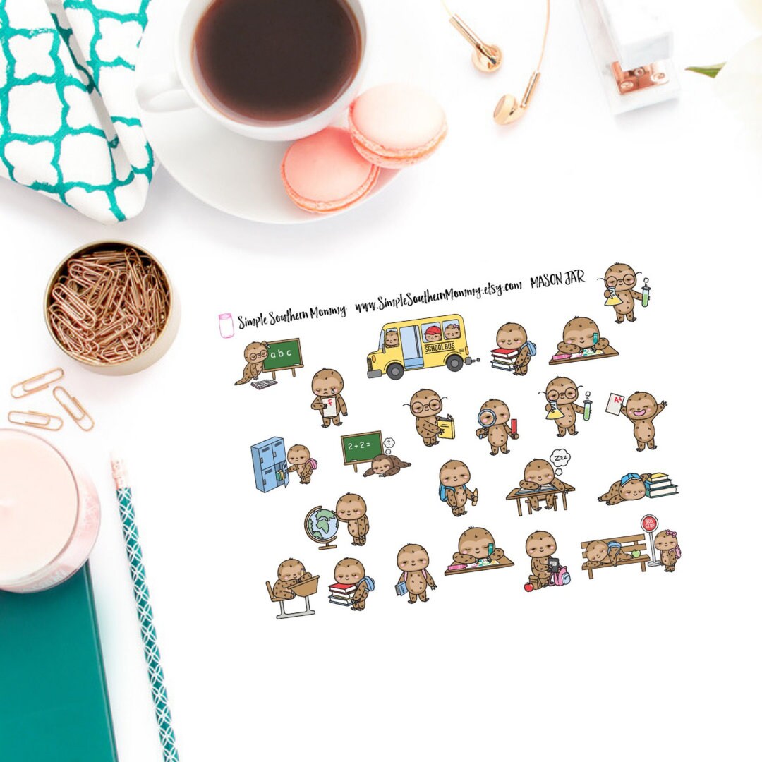 Mason Jar the Sloth Goes to School Stickers Seasonal Stickers Mascot ...
