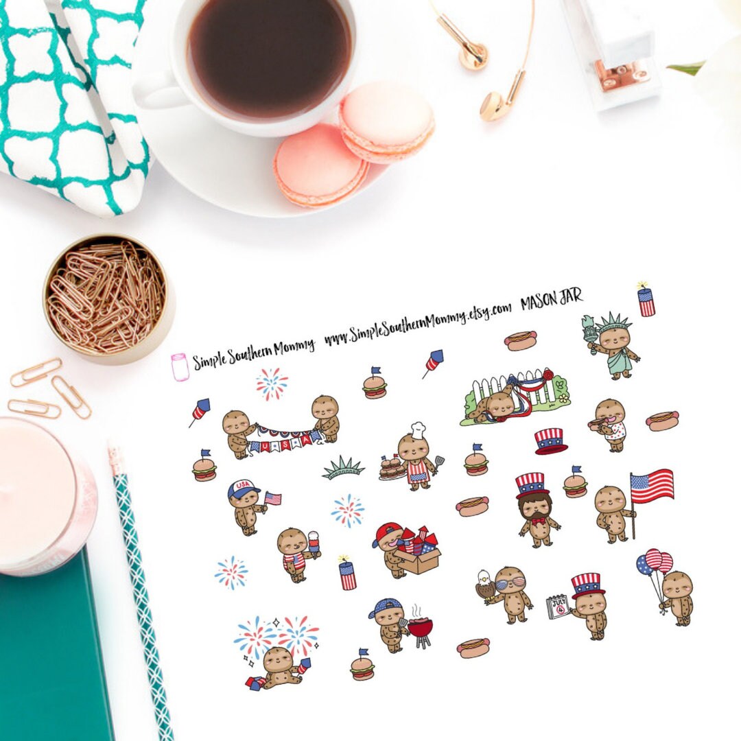 Mason Jar the Sloth's Fourth of July Stickers Seasonal Stickers Mascot ...