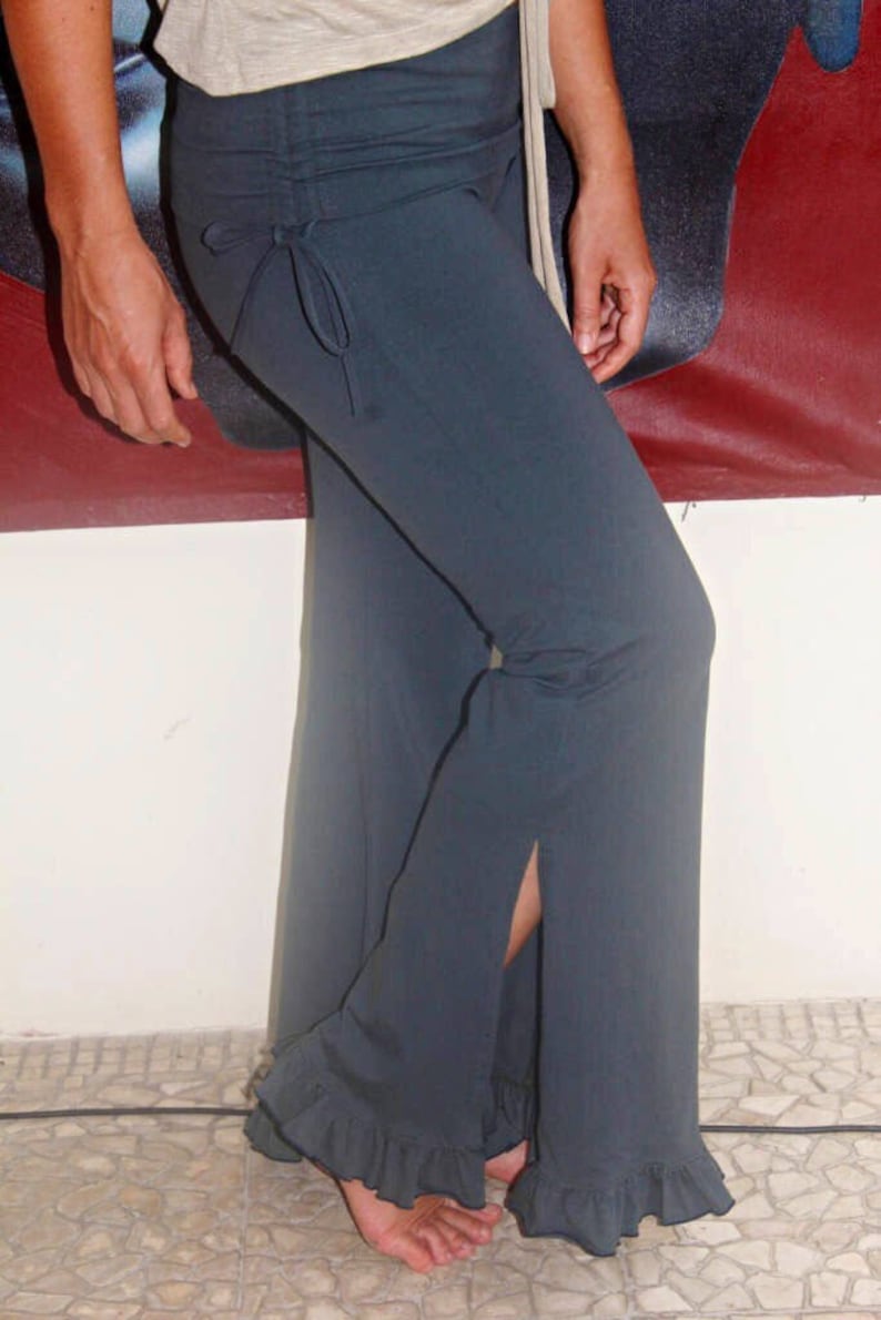 SIDE SLITS Pants With Ruffle Hems, Fold Over Band and Side Drawstrings ...