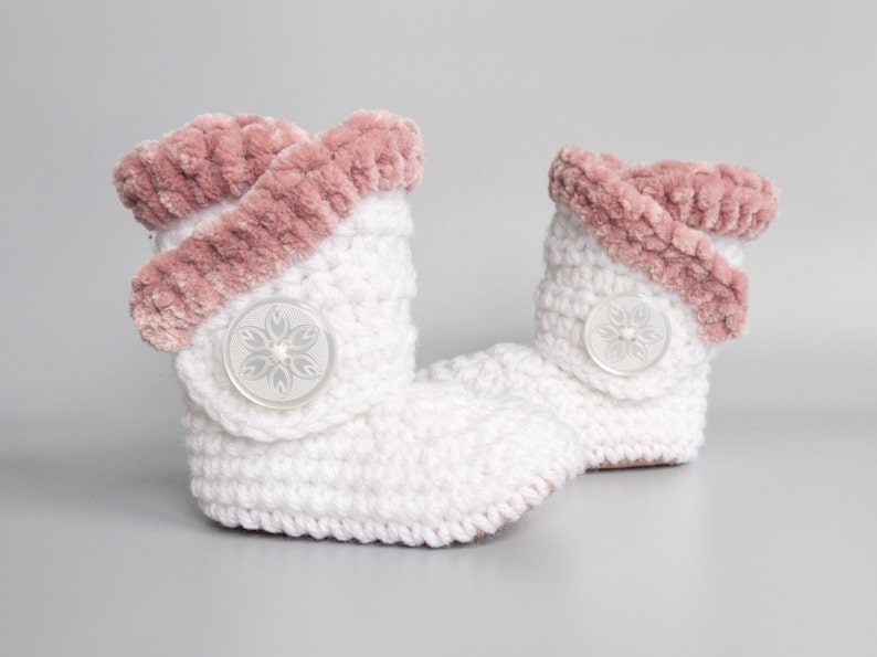 White and Pink Baby Girl Shoes, Tea Rose Velvet Topped Crochet Booties ...