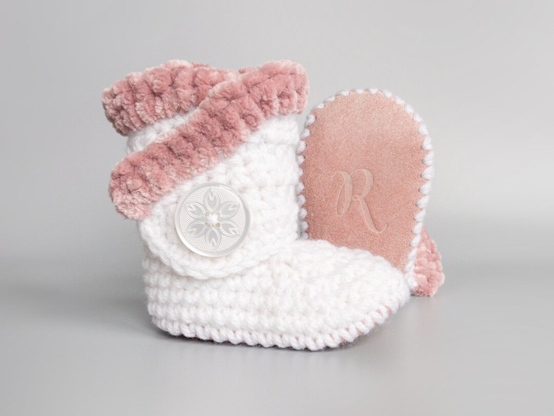 White and Pink Baby Girl Shoes, Tea Rose Velvet Topped Crochet Booties ...