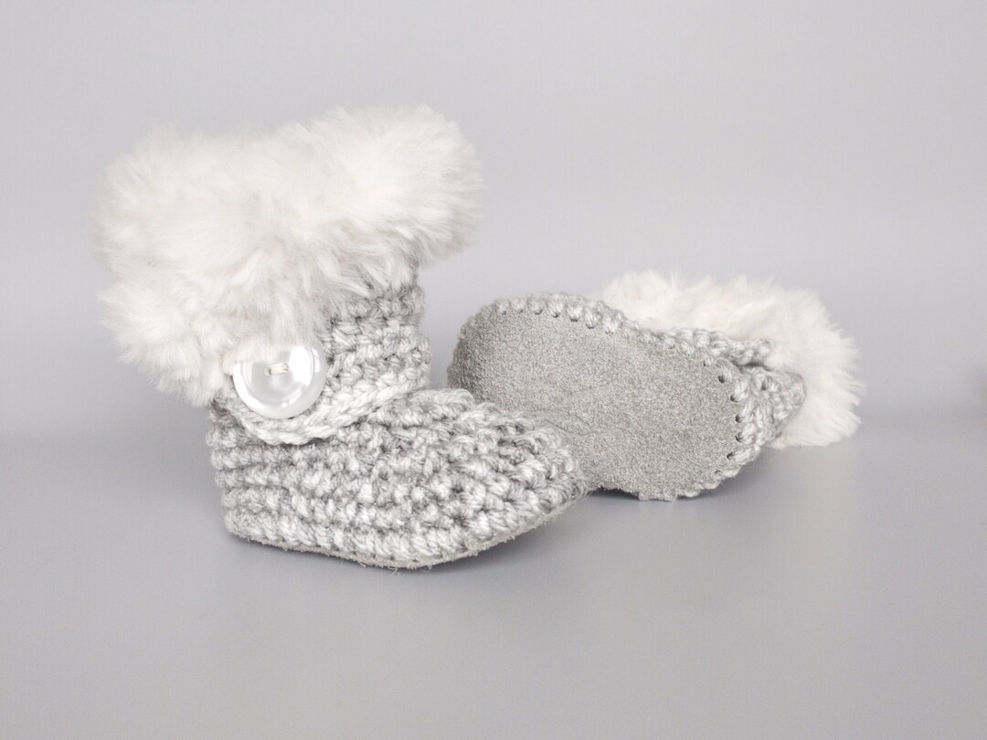 Gender Neutral Gray Baby Booties, Leather Baby Shoes With Soft Ivory ...