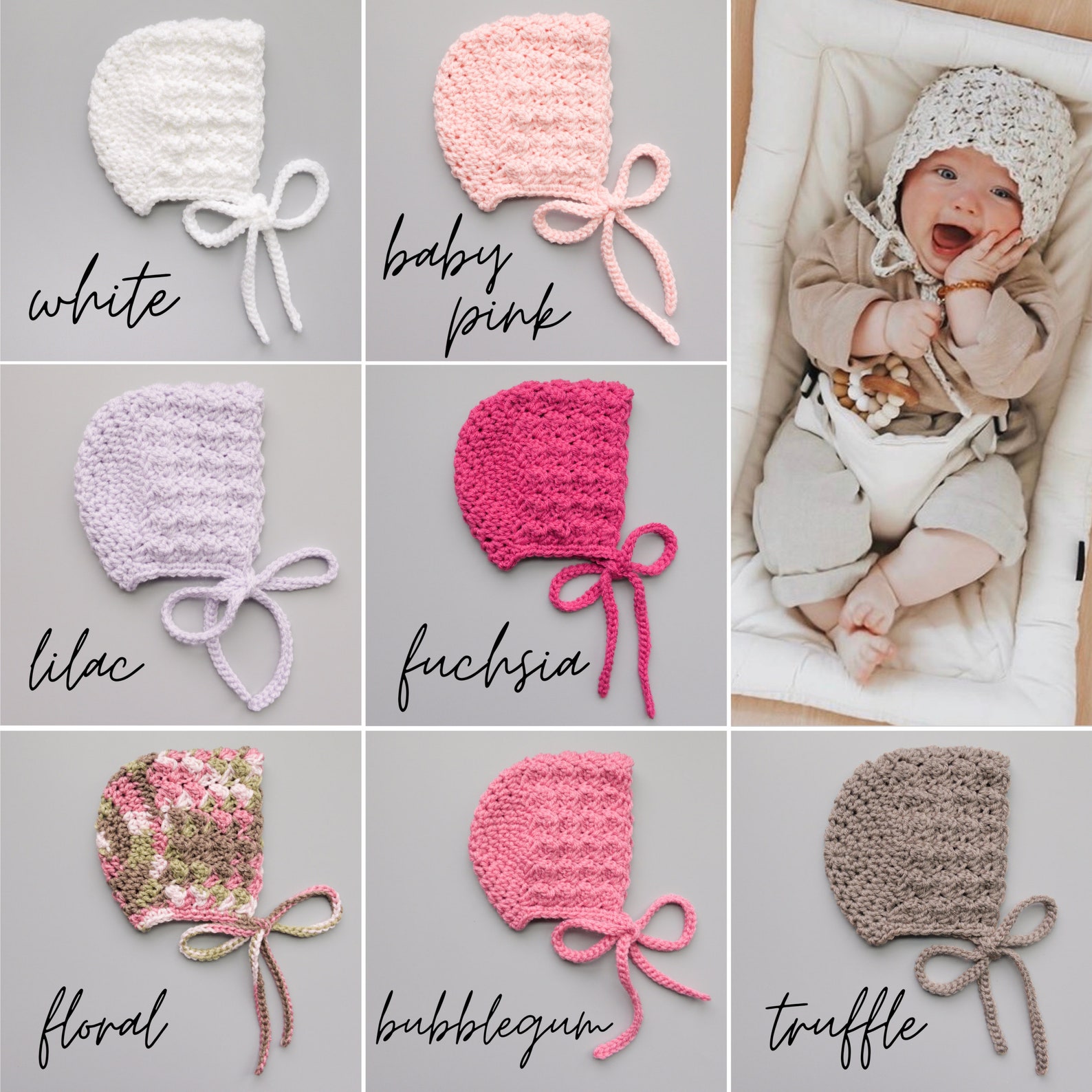 Baby Bonnets for Girl, Boy, or Gender Neutral Baby Shower Gift in Pinks ...
