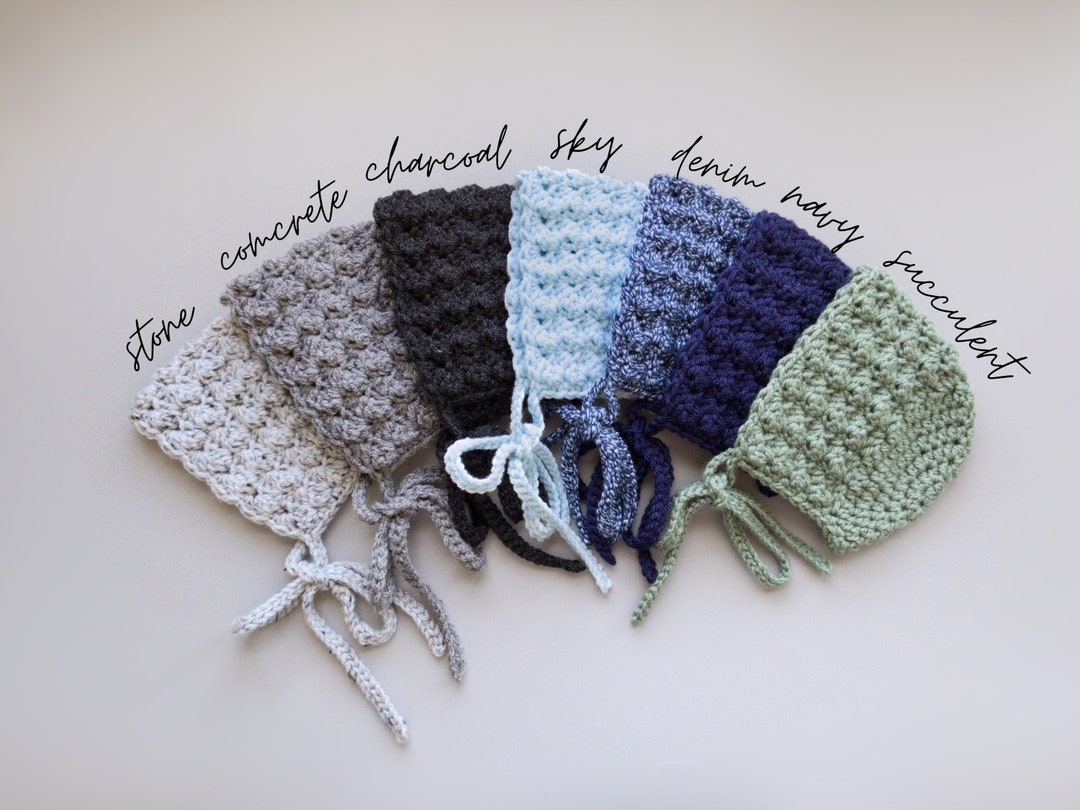 Crochet Baby Bonnets in Stone Gray, Charcoal, Sky Blue, Denim Navy and ...
