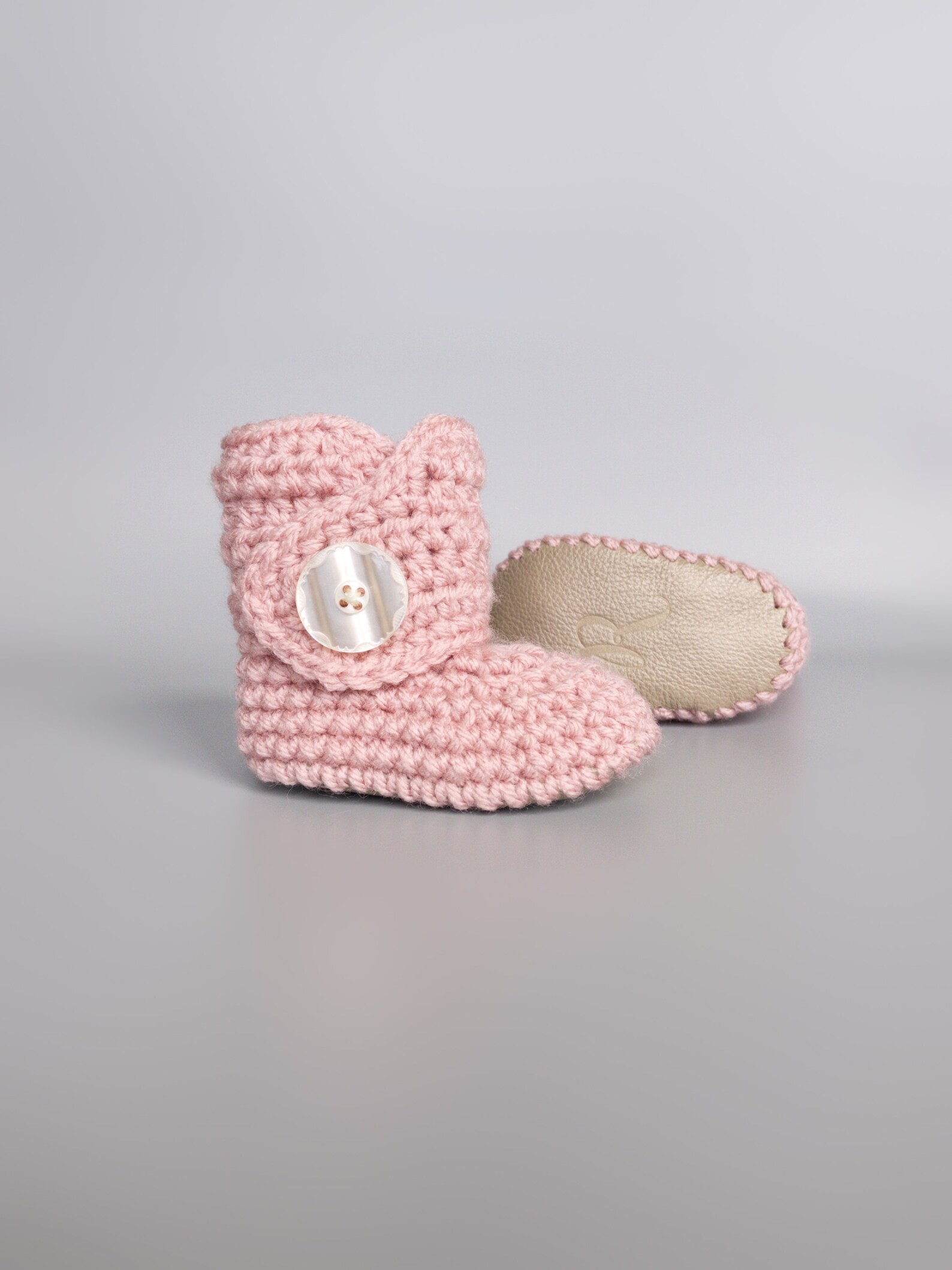 Rose Pink Crochet Baby Shoes, Champagne Leather Baby Boots, Knit Baby ...