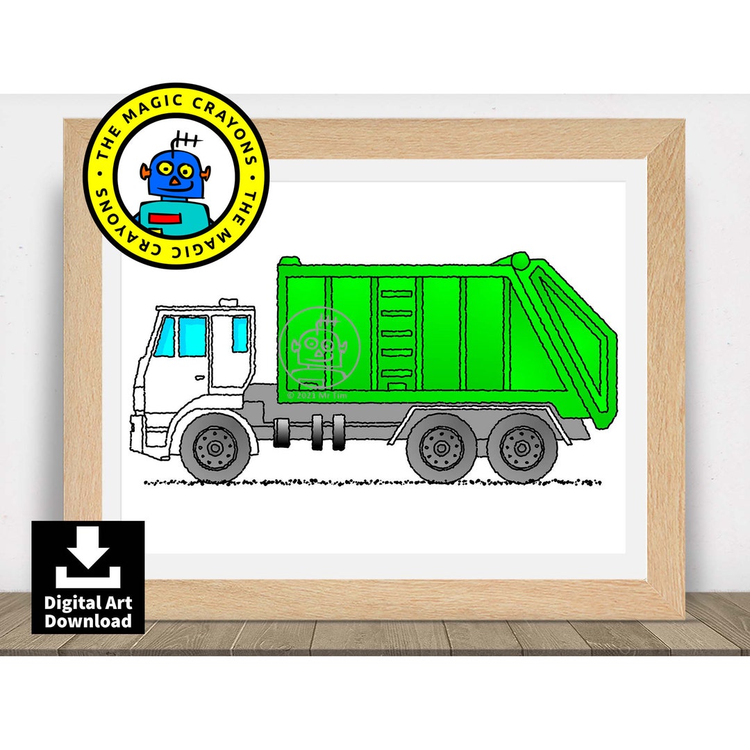 Garbage Truck Digital Illustration – White and Green Refuse Lorry ...