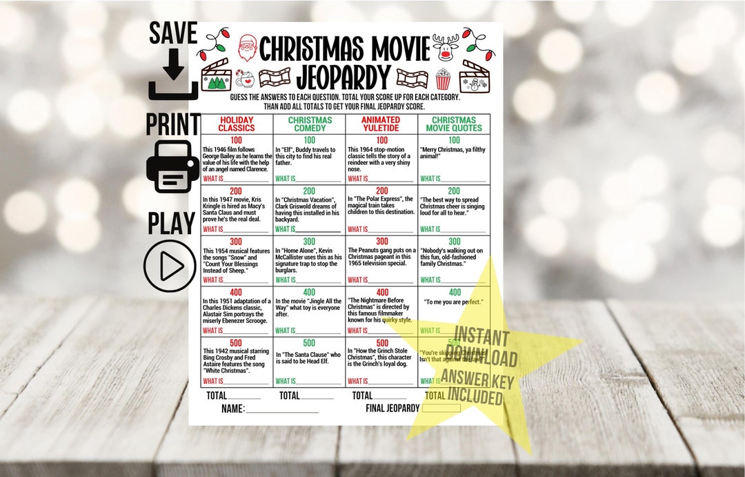 Christmas Movie Jeopardy Game Printable Holiday Party Game Family ...