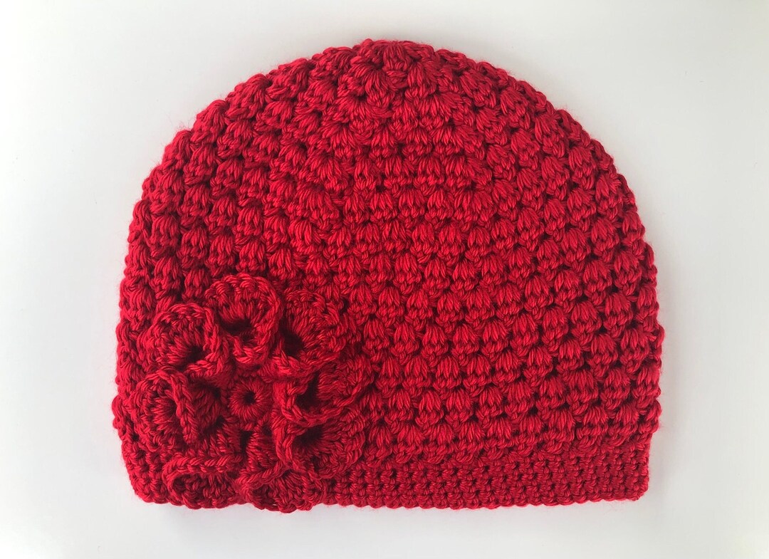 Red Crochet Beanie: Handmade Acrylic Hat With Flower - Etsy