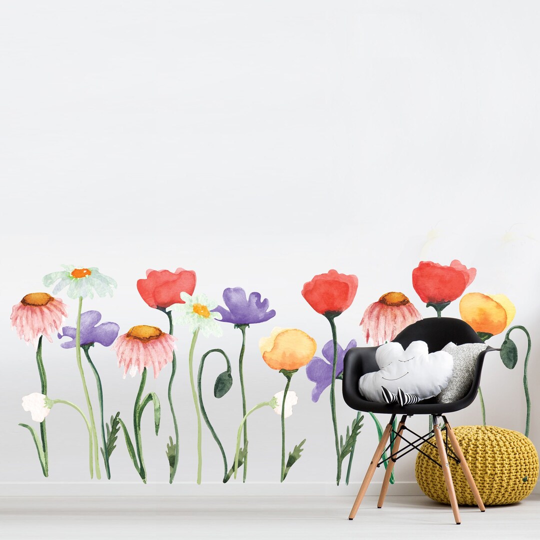 Wild Flowers Watercolor Wall Decal Kit - Flower Wall Decal - Reusable ...