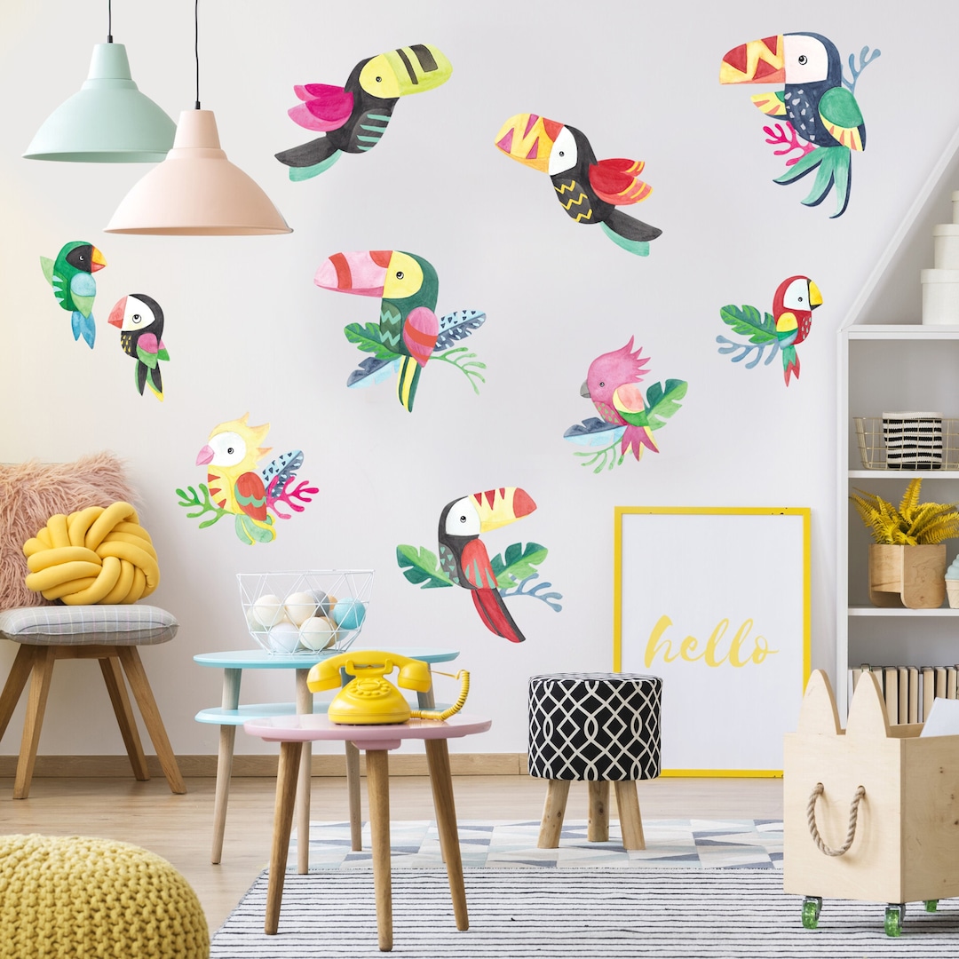 Tiki Tiki Birds Watercolor Wall Decal Sticker Kit- Large Tropical ...