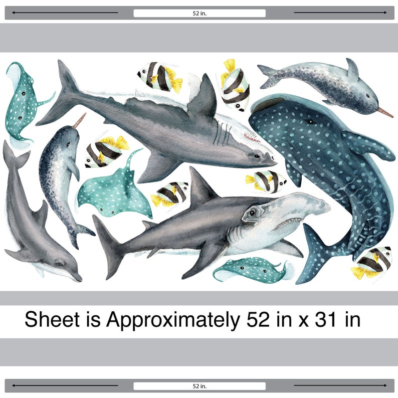 Shark & Sea Life Watercolor Wall Decal Sticker Kit-narwhal and | Etsy