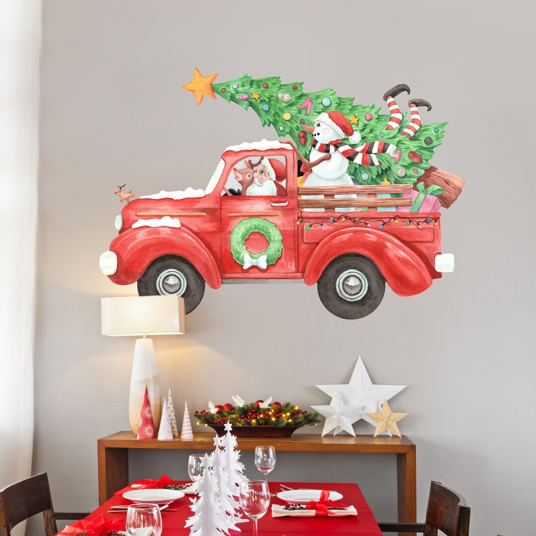 Santa's Big Red Truck Wall Decal Sticker - Holiday Vintage Truck With ...