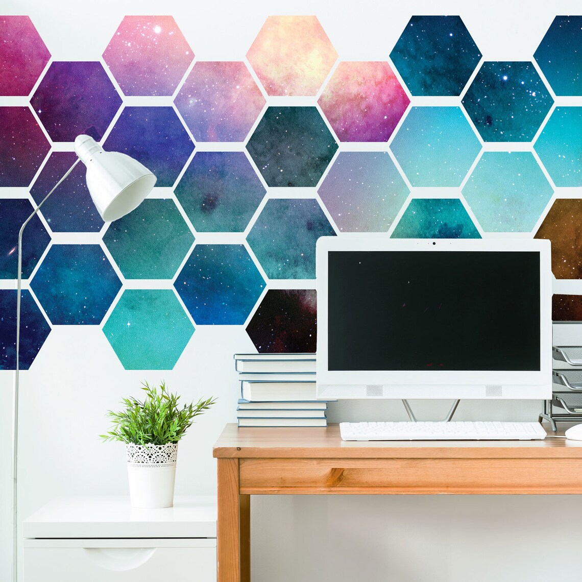 Hexagonal Space Wall Decal Tiles - Create Your Own Geometric Wall Mural ...