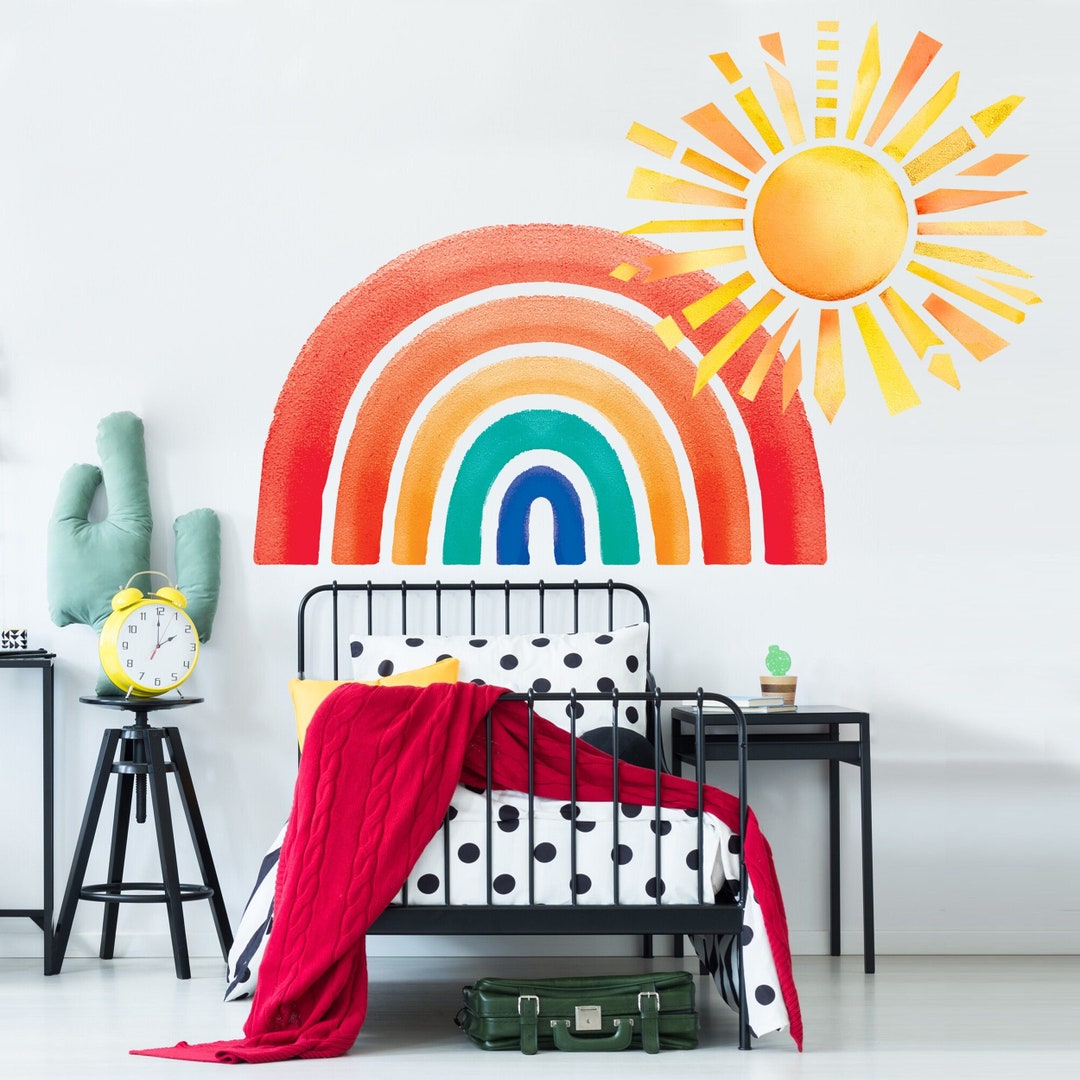 Retro Rainbow and Shining Sun Watercolor Wall Decal Bundle for Nursery ...