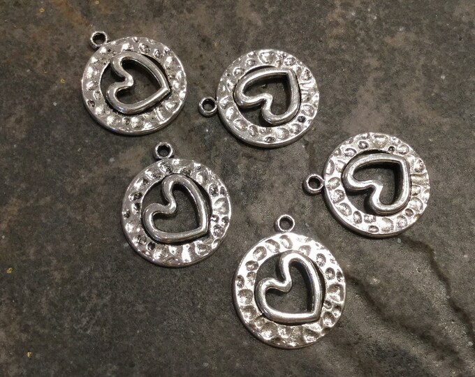 CLEARANCE Rustic Heart Charms Package of 5 Hammered Silver Beautiful ...