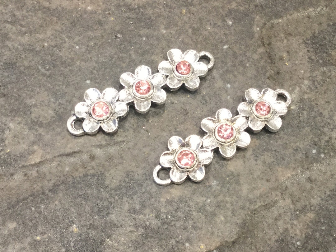 Flower Connectors in Antique Silver Finish With Pink Crystal Detail ...