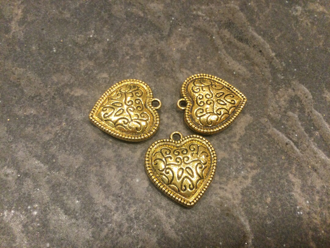 Antique Gold Filigree Puffed Heart Charms Package of 3 High Quality ...