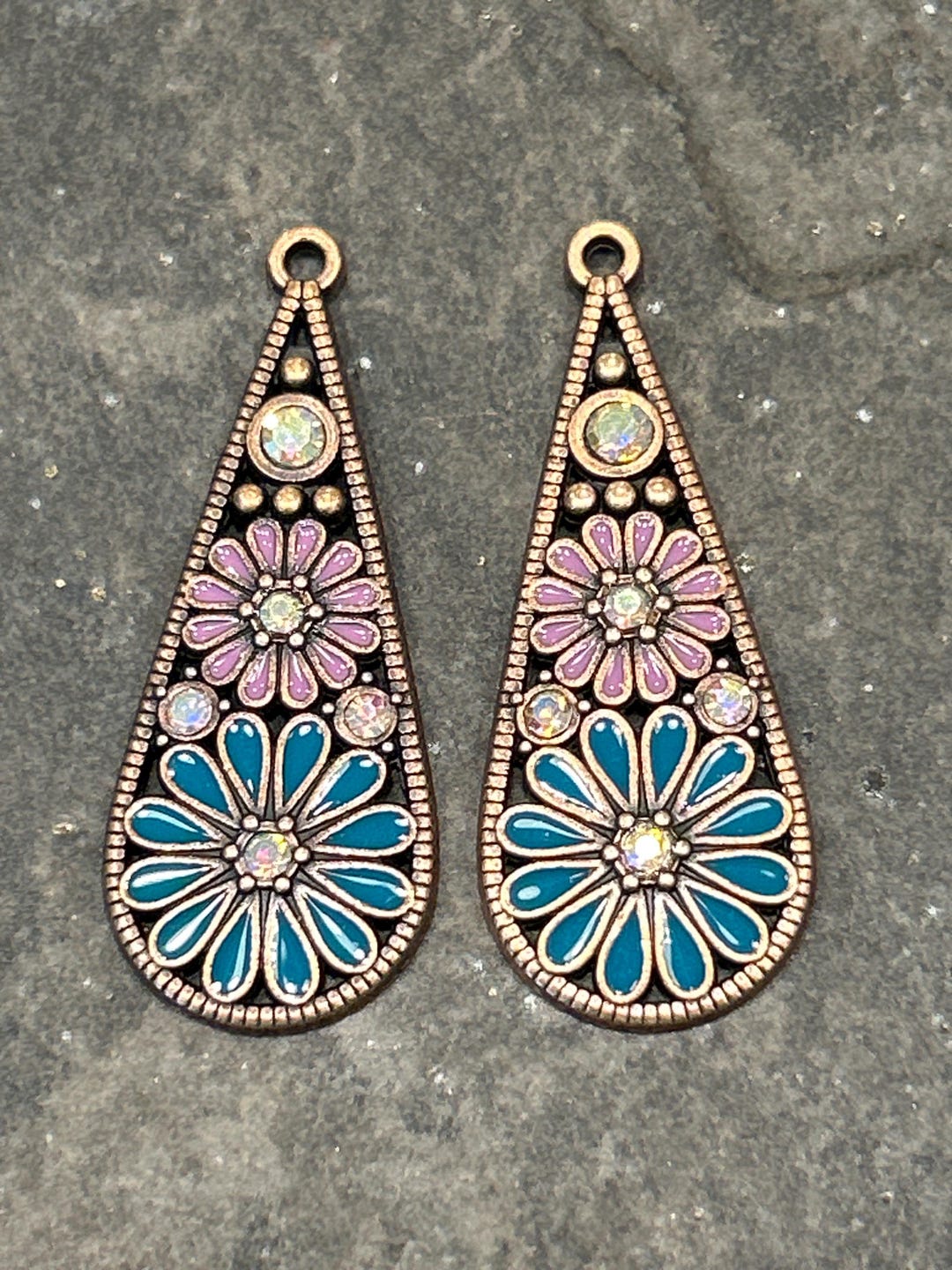 Colorful Copper Enamel and Rhinestone Teardrop Dangle Charms Package of ...