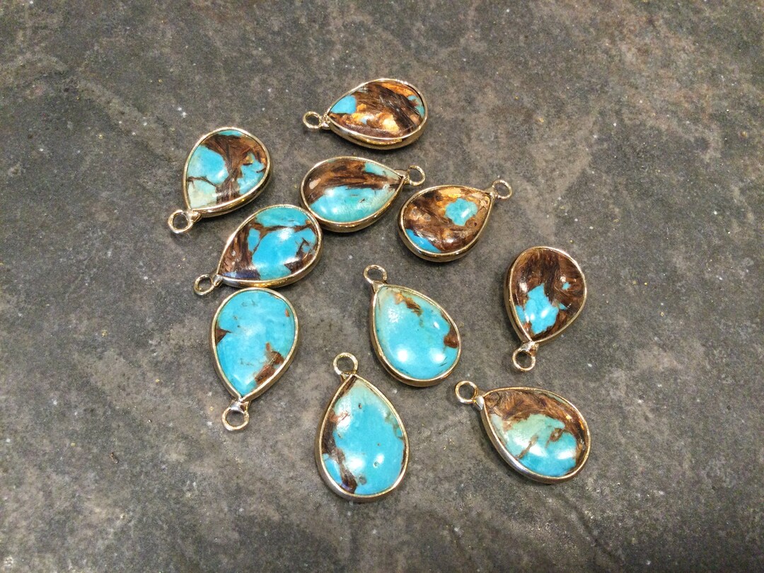 Turquoise and Bronzite Composite Gemstone Teardrop Pendant Bezel Set ...