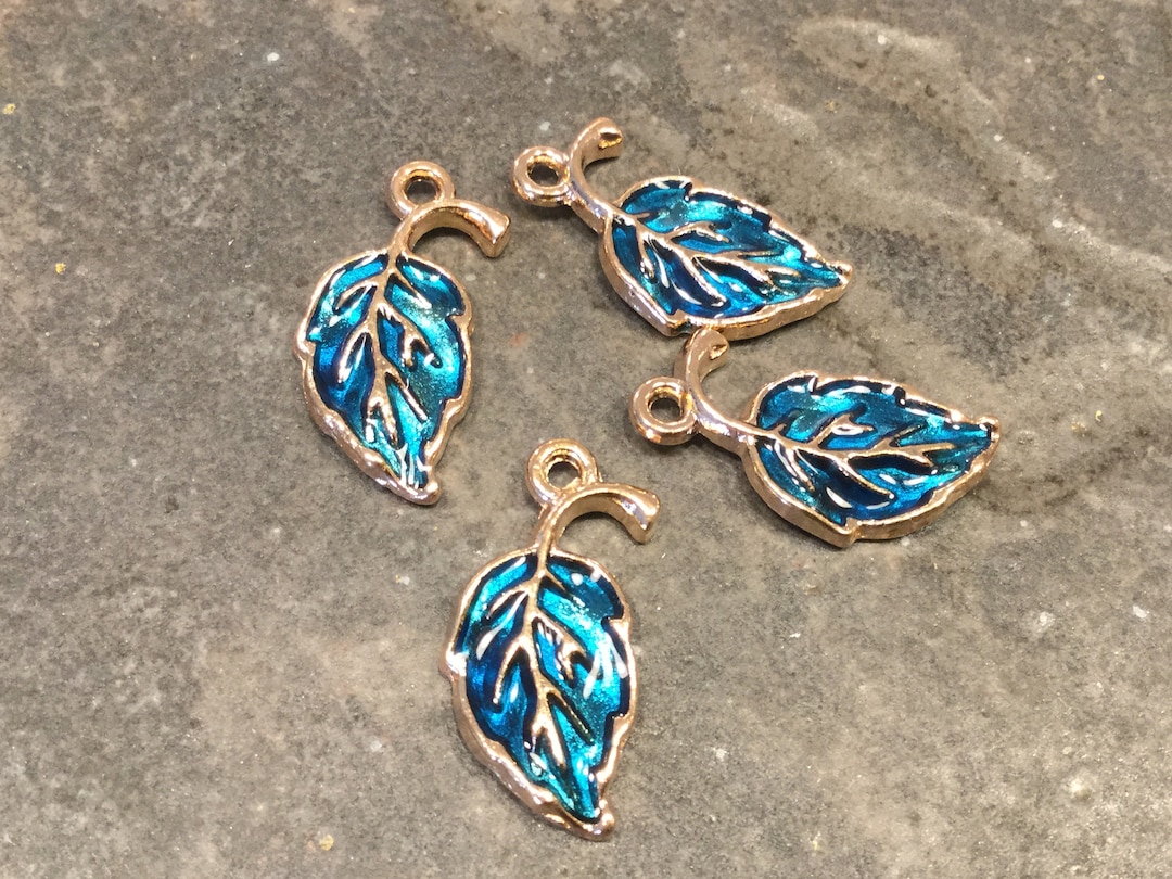 Teal Blue Leaf Charms With Enamel Detail Package of 4 Charms Great ...