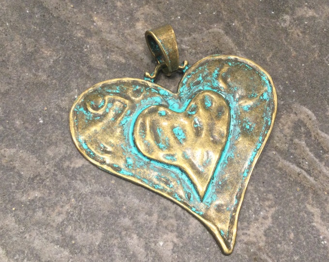 Large Heart Charms in Antique Bronze Finish With Green Patina Charms or ...