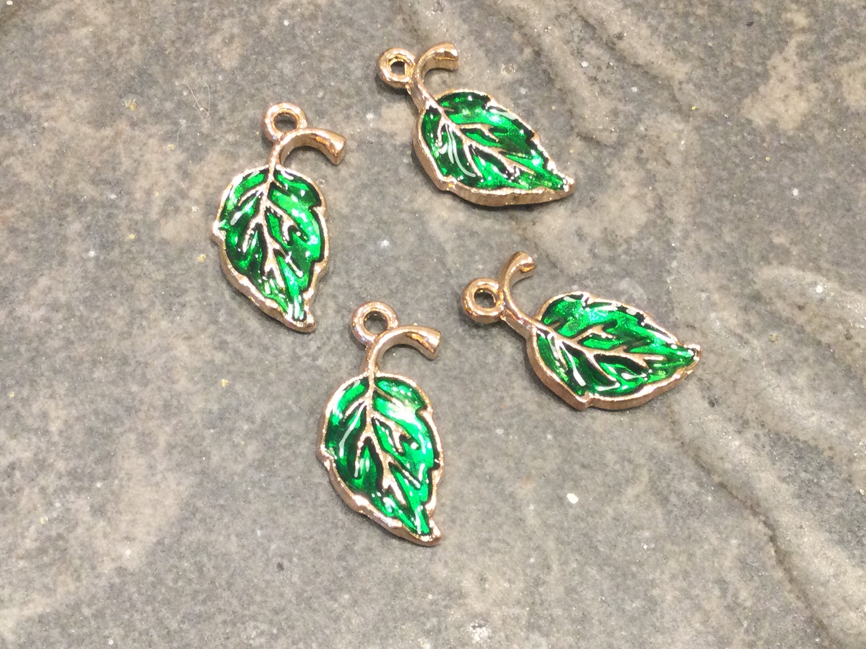 Gold Leaf Charms With Green Enamel Detail Package of 4 Charms - Etsy