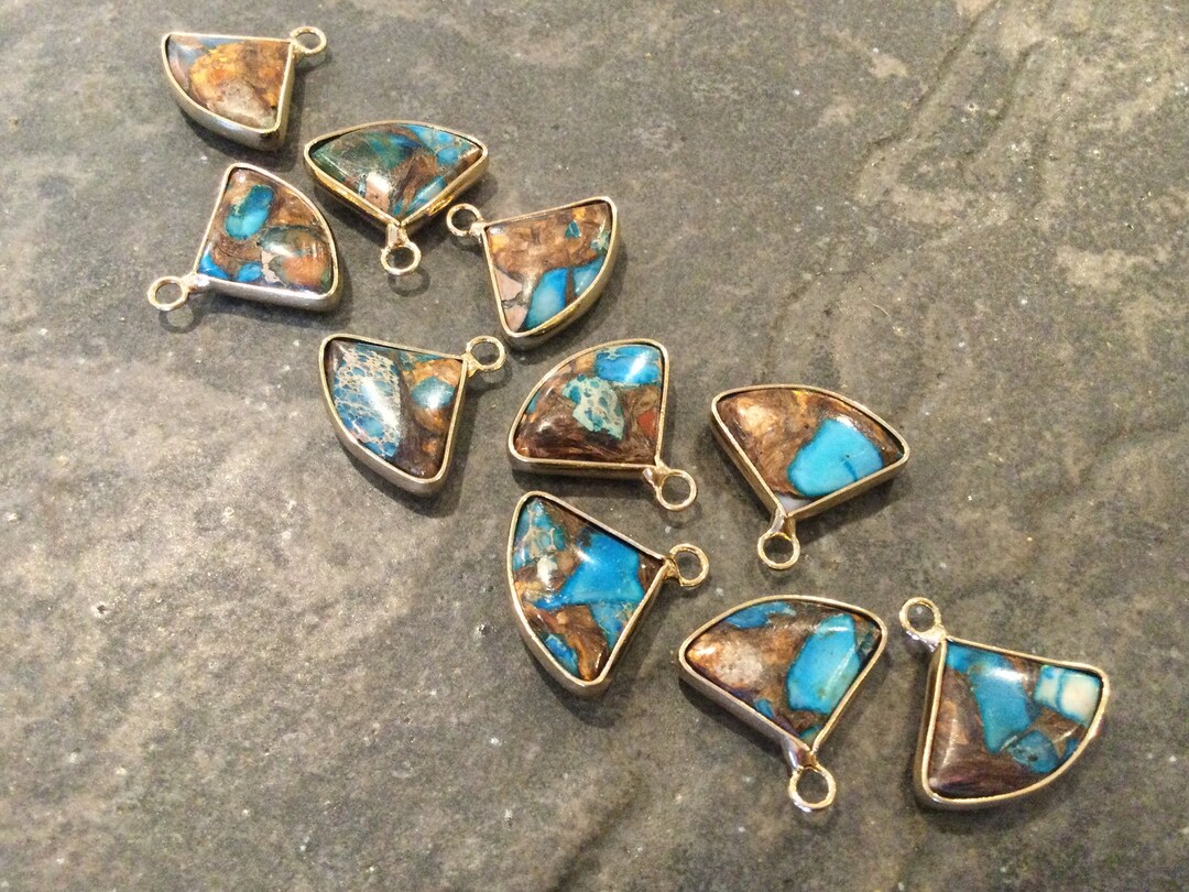 Turquoise and Bronzite Composite Gemstone Fan Shape Pendant Bezel Set ...