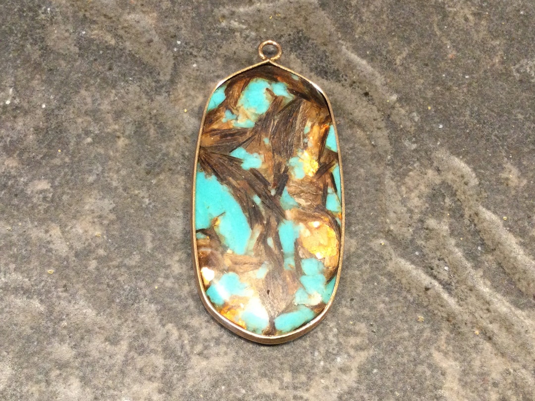 Turquoise and Bronzite Composite Gemstone Oval Pendant Bezel Set Gold ...