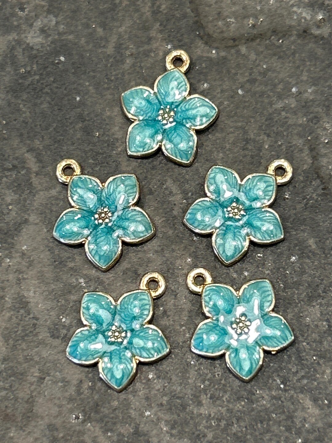 Spring Flower Charms in Gold Finish With Aqua Blue Green Enamel Detail ...