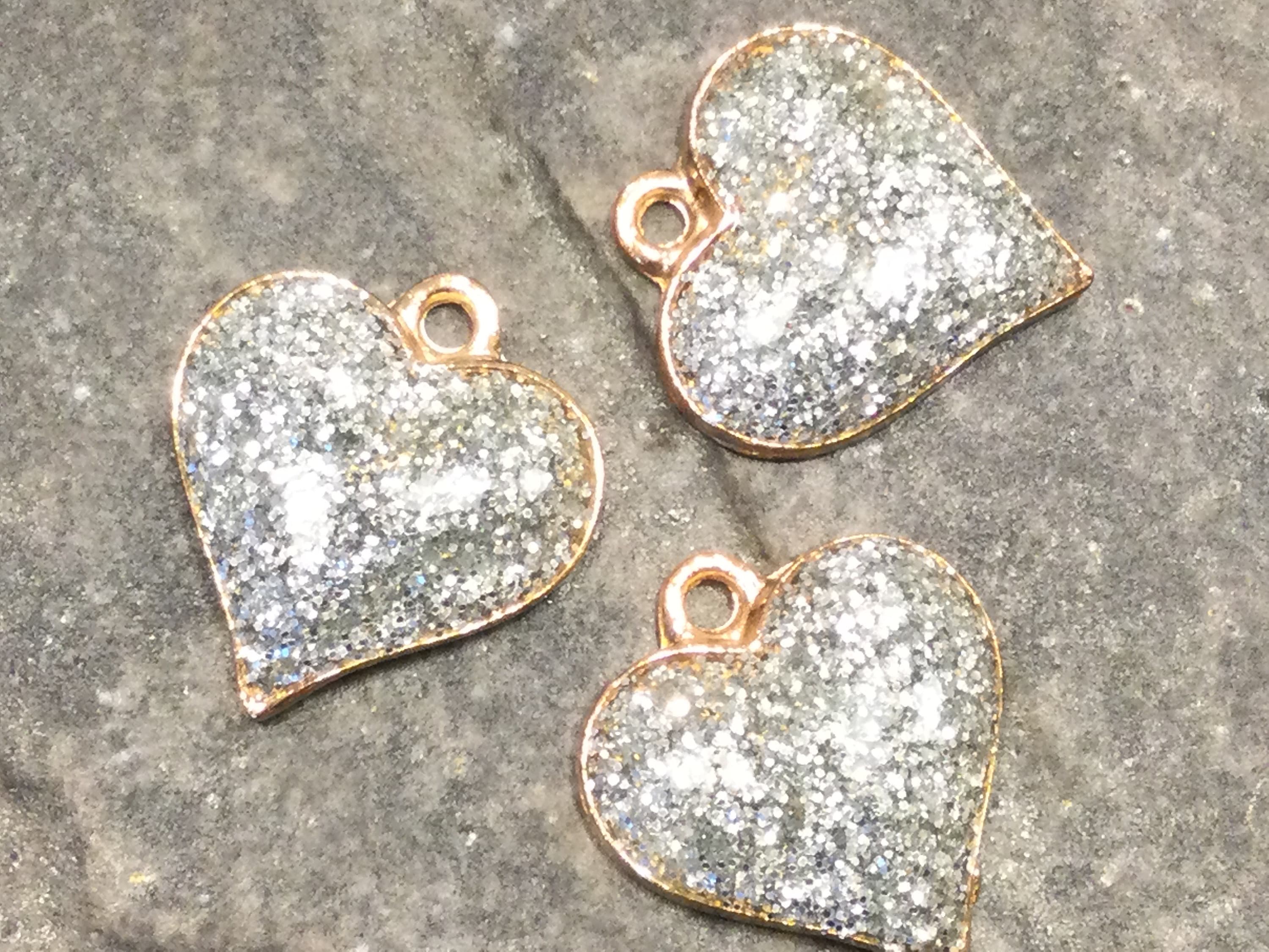 Silver Glitter heart charms with gold finish package of 3 | Etsy