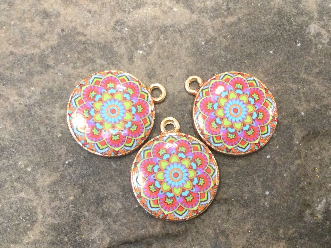 Mandala Charms With Gold Finish and Turquoise, Lime Green and Pink Enamel Pattern Buddhist ...