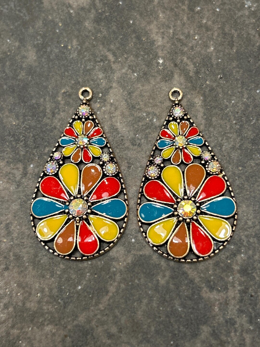Colorful Antique Gold Enamel and AB Rhinestone Teardrop Dangle Charms ...