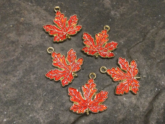 Gold Maple Leaf Charms With Red Enamel Detail Package of 5 - Etsy