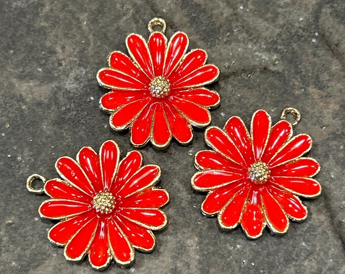 Red Spring Flower Charms in Gold Finish With Enamel Detail Package of 3 ...