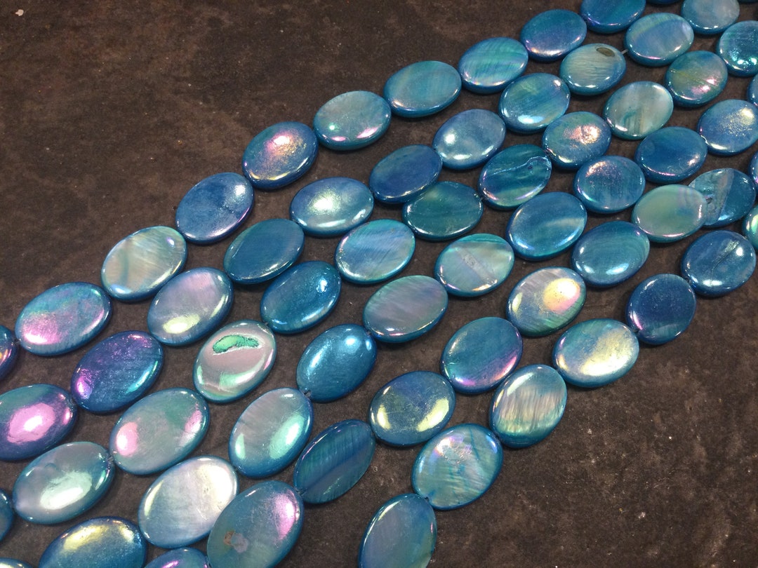 Aqua Blue Rainbow Oval Shell Coin Pearl Beads 17mm One 15” Strand of ...